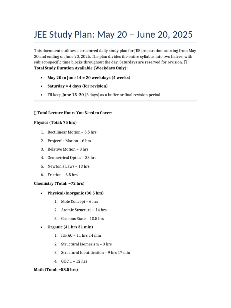JEE Study Plan With Progress Tracker | PDF | Chemistry | Physics