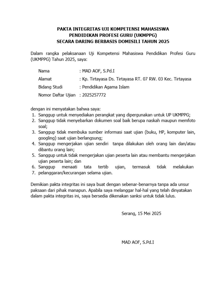 Pakta Integritas Uji Kompetensi Mahasiswa 2 | PDF