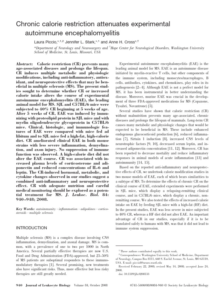 Chronic Calorie Restriction Attenuates Experimental Autoimmune ...