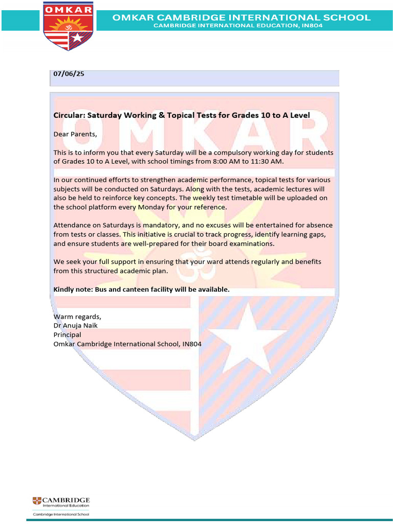 Circular For Saturday Working GR 10 To A Level | PDF