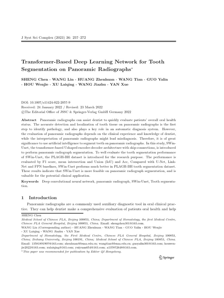 Transformer-Based Deep Learning Network For Tooth Segmentation On Panoramic Radiographs | PDF ...