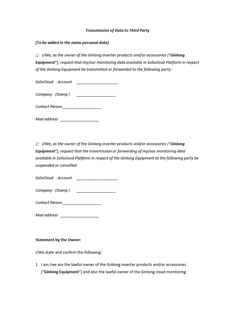 Solis API Third Party Sharing Agreement Form | PDF