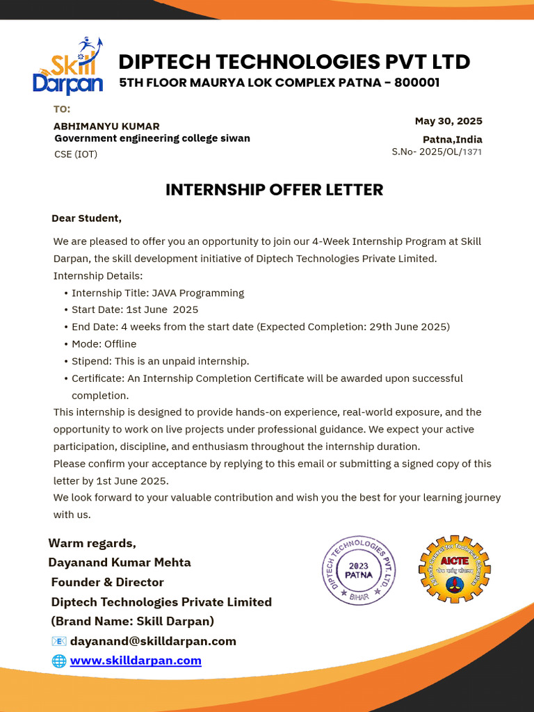 Abhimanyu Kumar Offer Letter | PDF