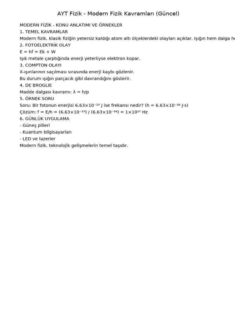 AYT Fizik - Modern Fizik Kavramları (Güncel) | PDF