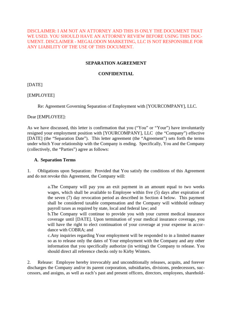 Employee Separation Agreement Template | PDF | Employment | Justice