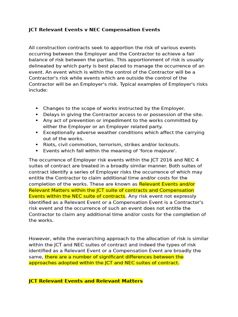JCT Relevant Events V NEC Compensation Events | PDF | Employment | Risk
