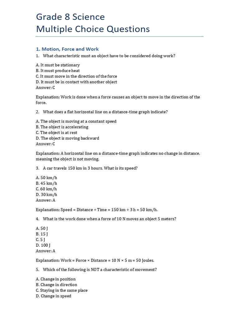 Grade 8 Science Questions With Explanation | PDF | Pressure | Density