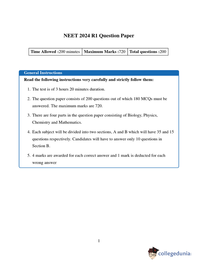 Watermarked NEET R1 QP | PDF | Chemical Equilibrium | Acceleration