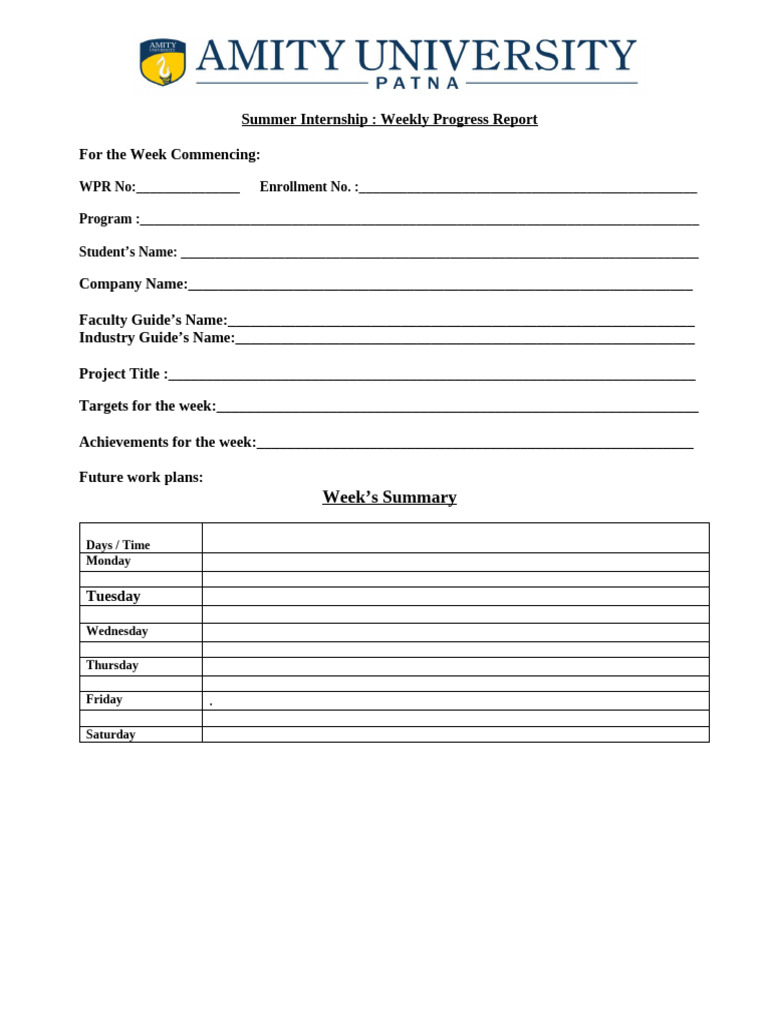 Weekly Internship Progress Report Format | PDF