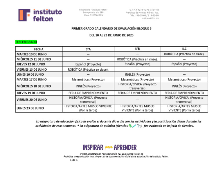 Sexto Bloque Calendario de Evaluación-b6t3 Tercer Grado.docx | PDF