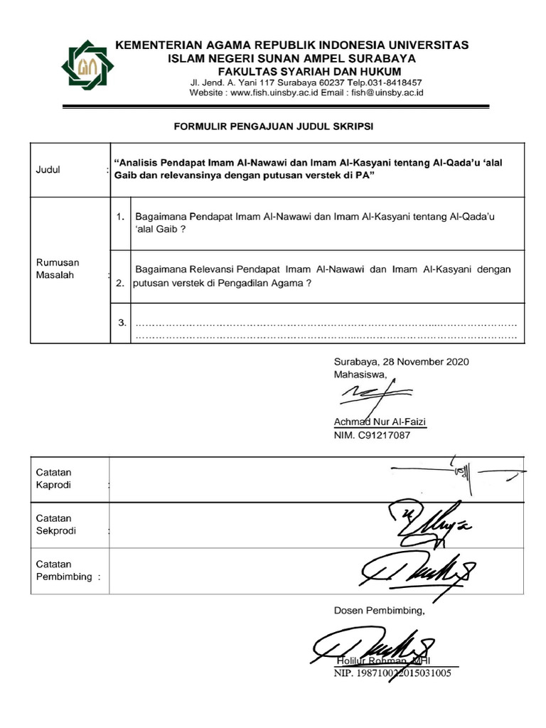 Formulir Pengajuan Judul Proposal Skripsi Achmad Nur Al-Faizi | PDF