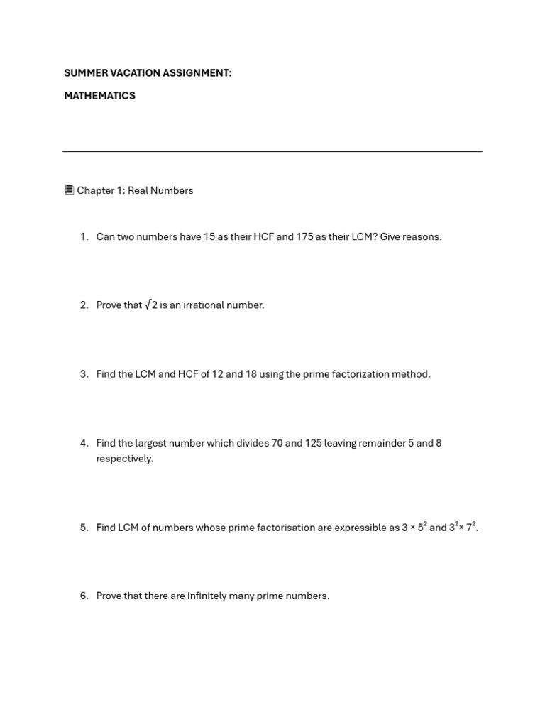 Summer Vacation Mathematics Assignment | PDF