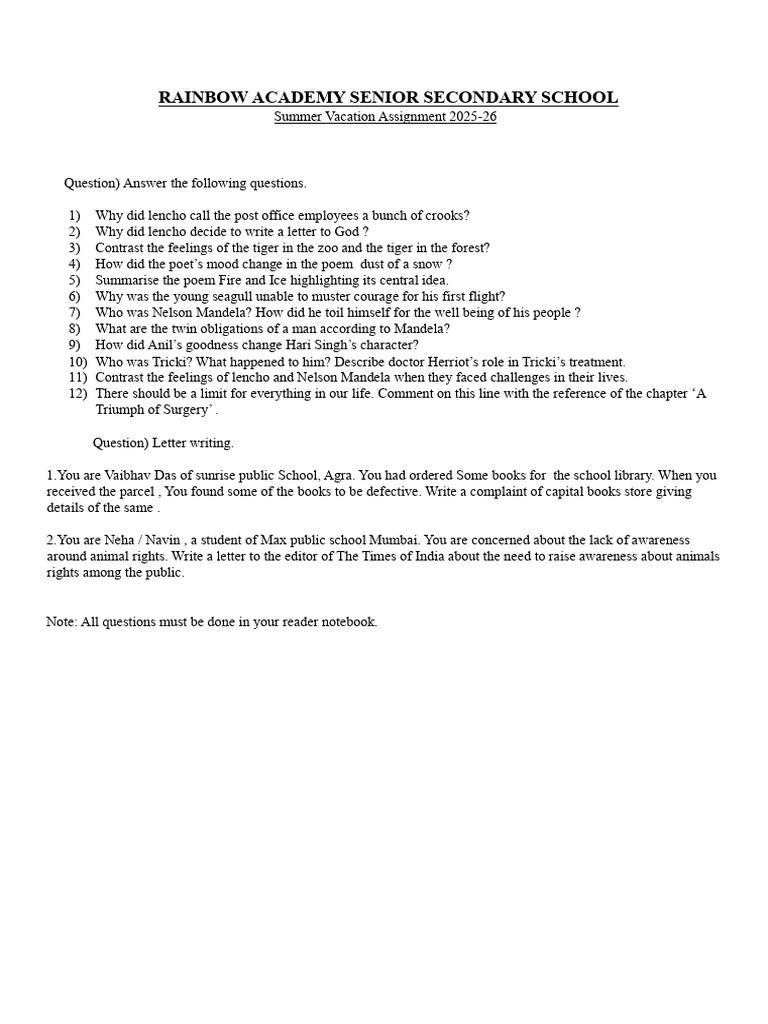 Class 10 English Summer Vacation Assignment-1 | PDF