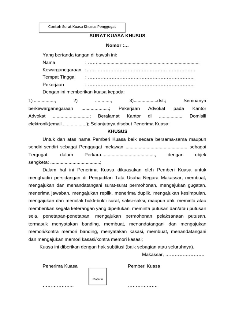 Contoh Surat Kuasa Khusus PTUN | PDF