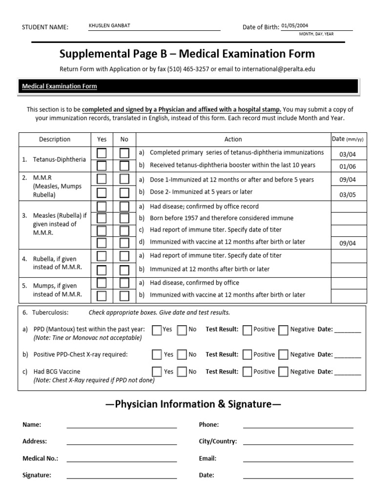 Medical Examination Form for Students | PDF | Medicine | Vaccination