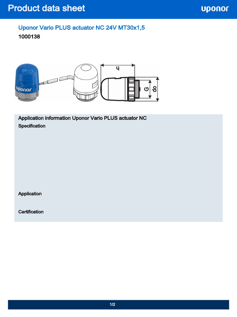 Uponor Product Data Sheet 1000138 | PDF