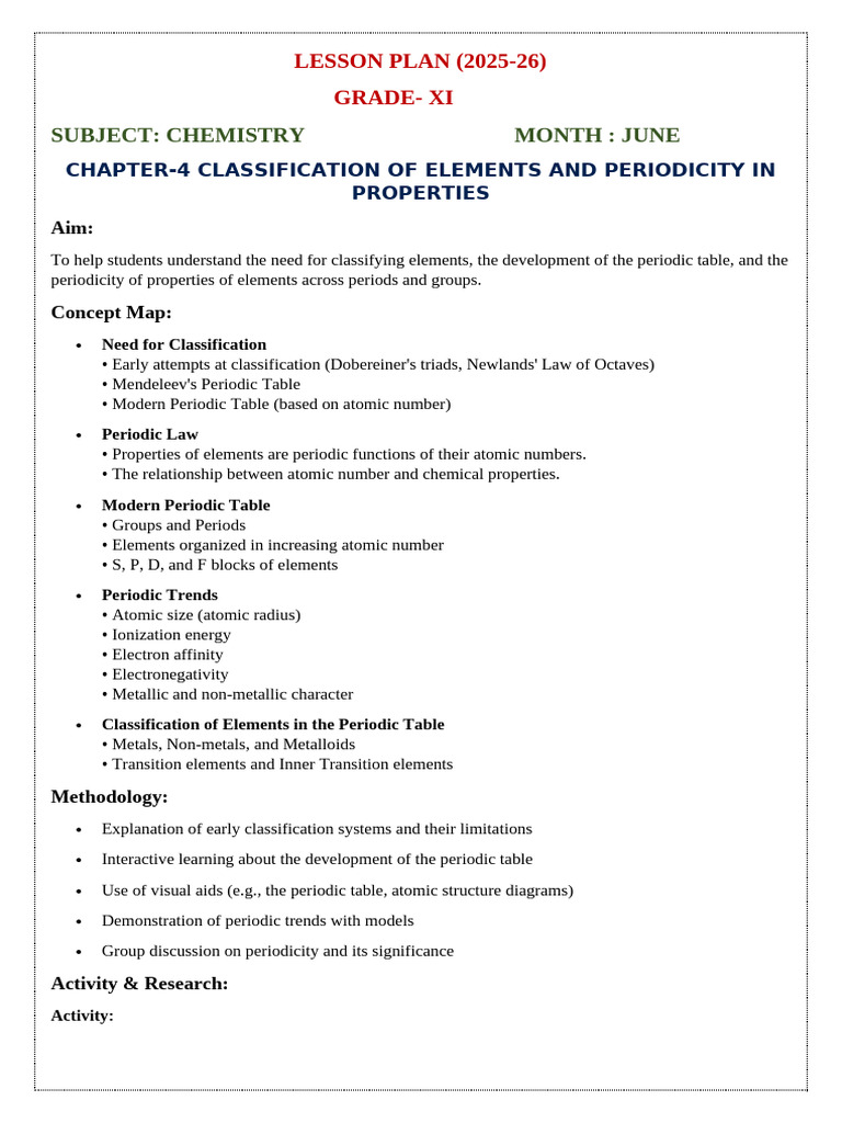 Lessonplan-June (Chapter - 4 Classication of Elements and Periodicity in Properties) | PDF ...