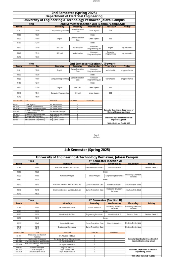 Spring2025 Time Table - Ver1 | PDF | Electronics | Engineering