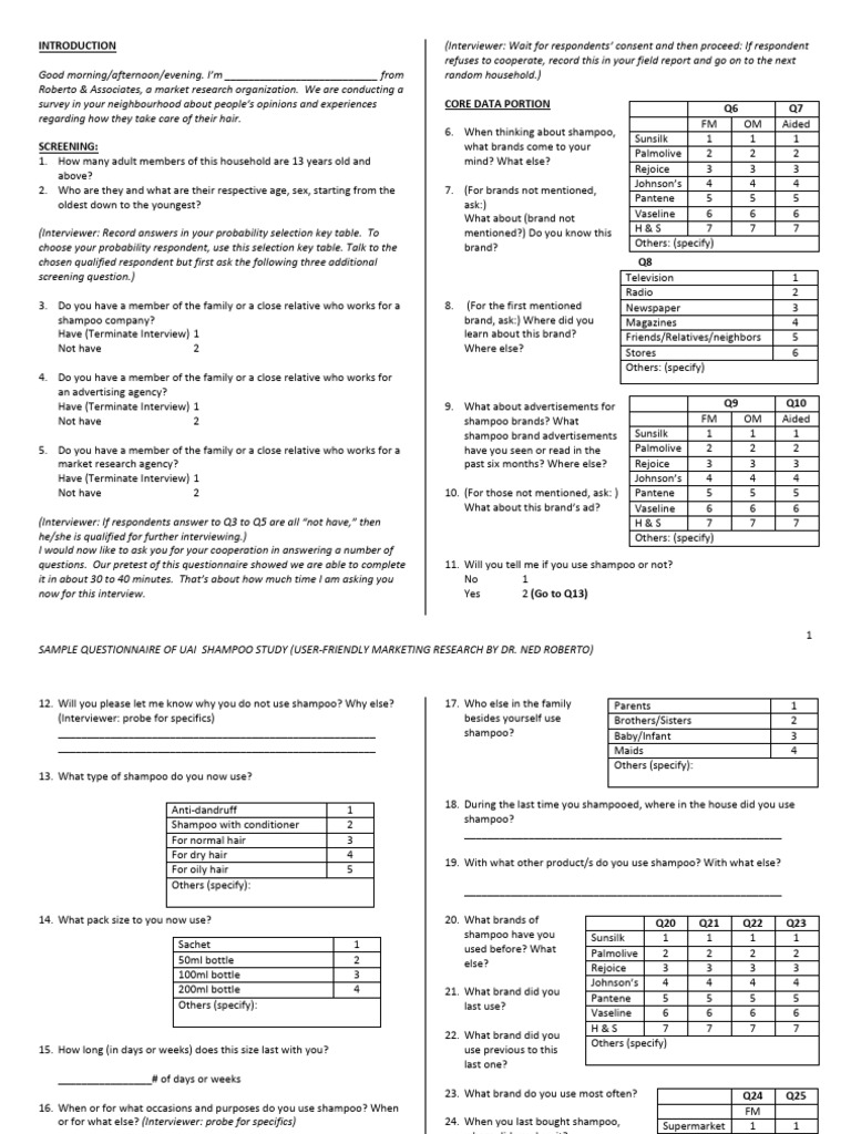 Sample Questionnaire of A Uai Shampoo Study | PDF | Questionnaire