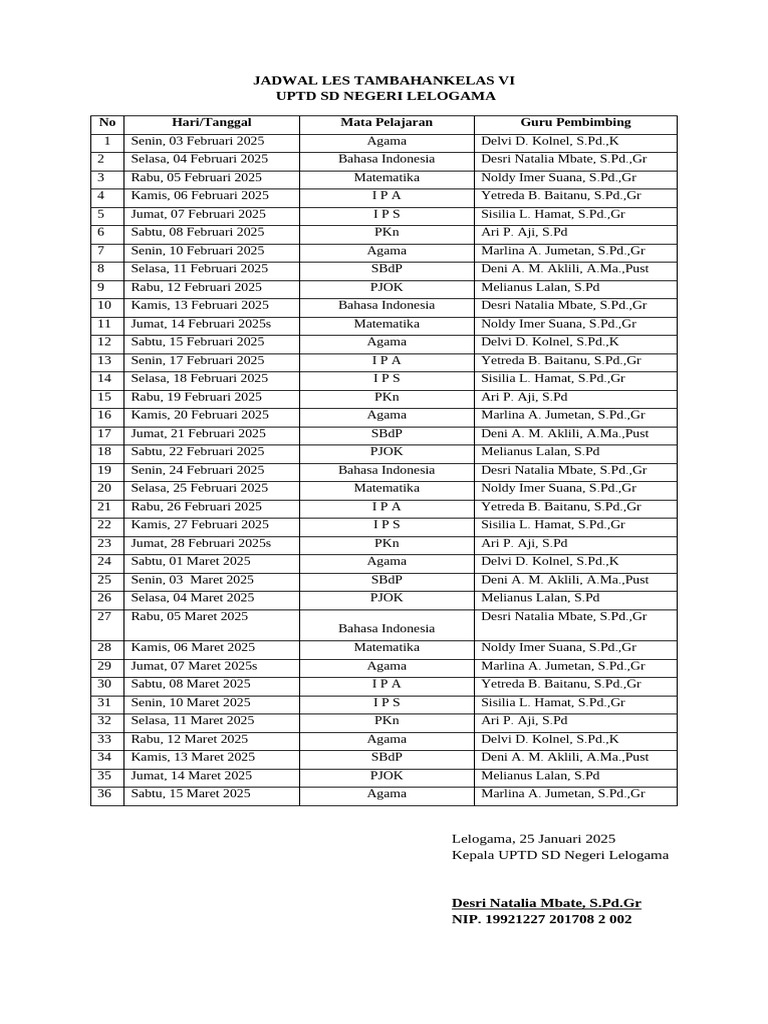 Jadwal Les Tambahankelas Vi | PDF