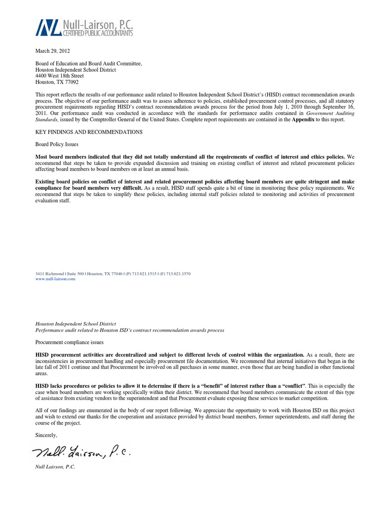 HISD Null-Lairson Performance Audit On Procurement Process | PDF