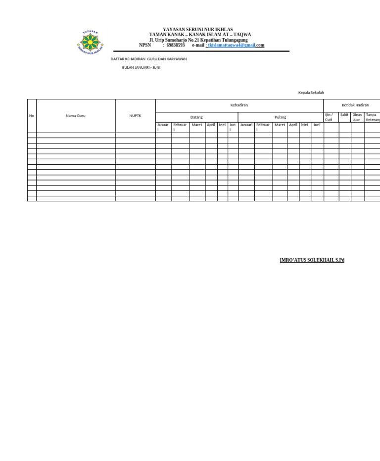 Rekap Absen Tk at-taqwa | PDF