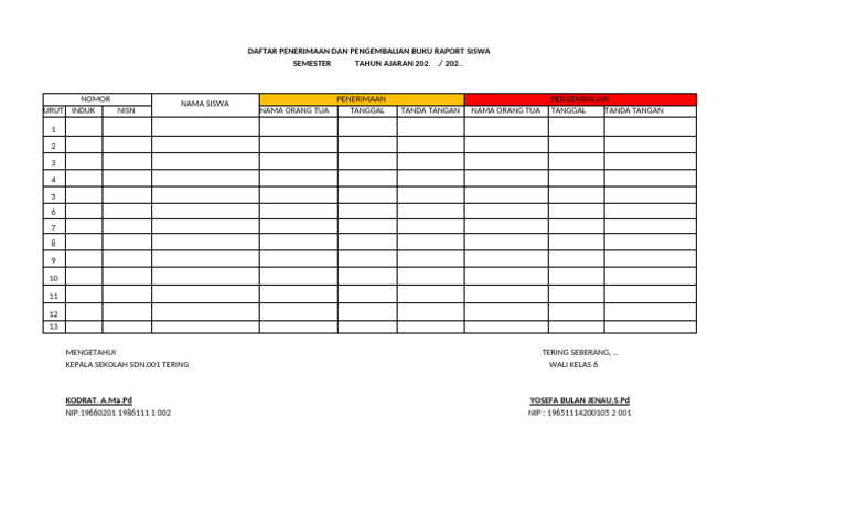 Format Daftar Penerimaan Rapor | PDF