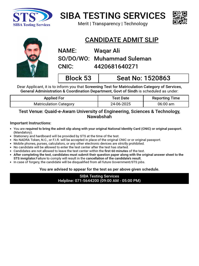 SIBA Testing Services Admit Slip 2025 | PDF