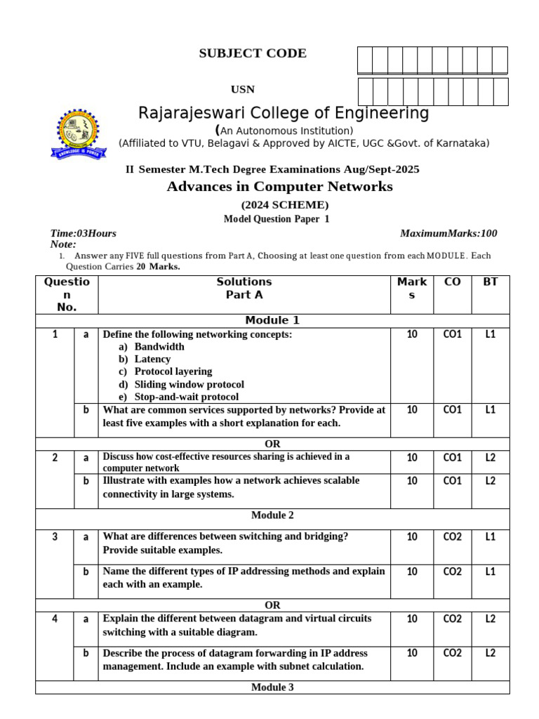 Advances in Computer Networks - Model QP May 2025 | PDF | Computer Network | Routing