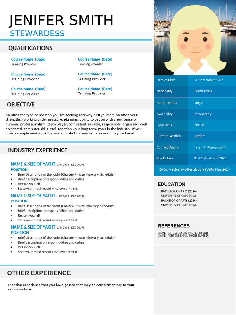 Yacht Stewardess Resume for Jenifer Smith | PDF