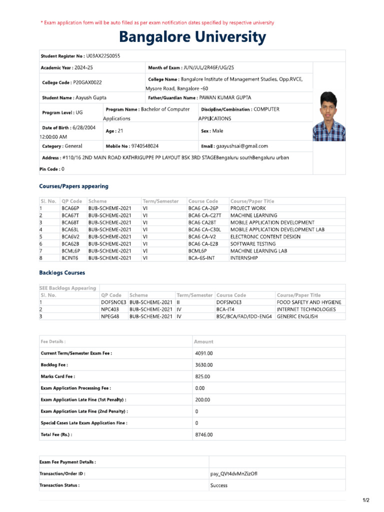 Aayush Guptha Fee 6th Sem | PDF