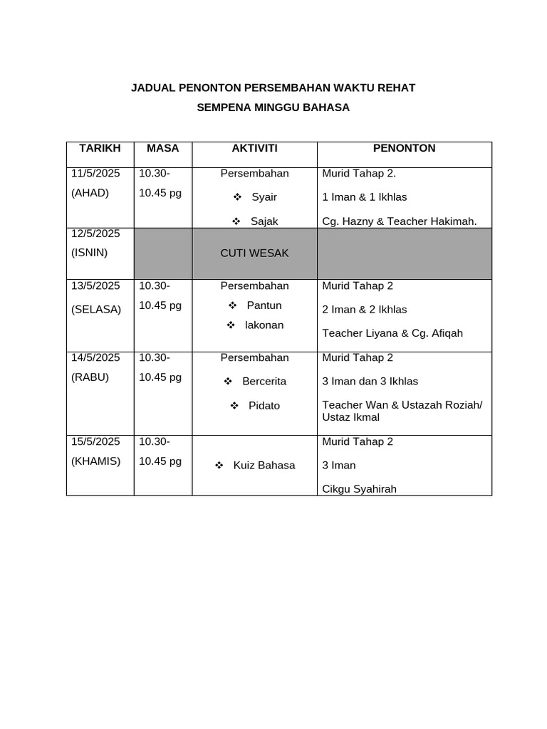 Jadual Aktiviti Waktu Rehat | PDF