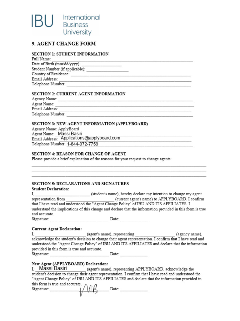 Agent Change Form - International Buisness Uni | PDF