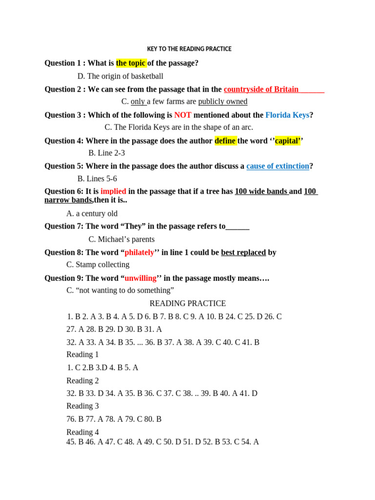 Key To The Reading Practice | PDF
