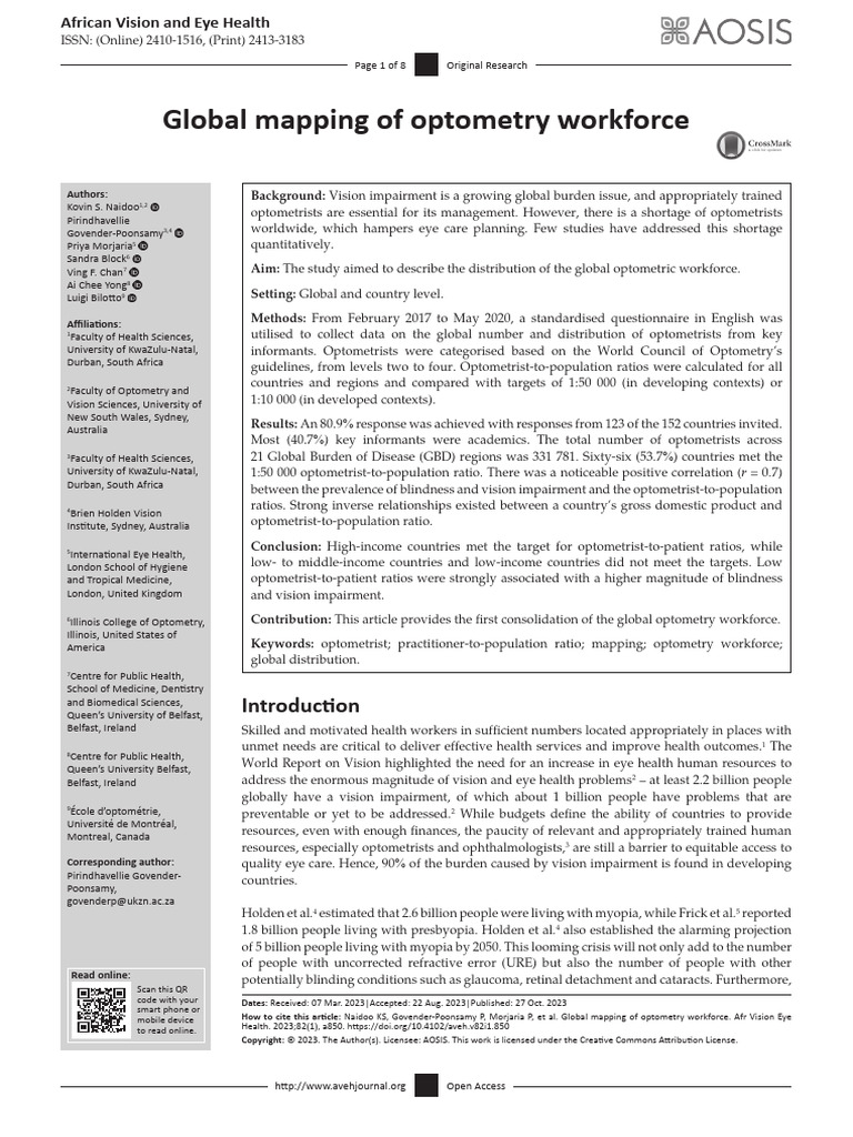 Global Mapping of Optometry Workforce | PDF | Optometry | Visual Impairment