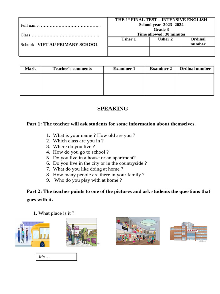 Grade 3 Intensive English Test 2023 | PDF