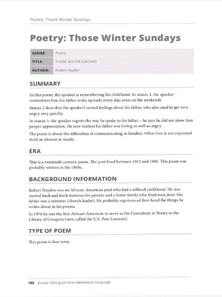 Those Winter Sundays Poem Notes | PDF