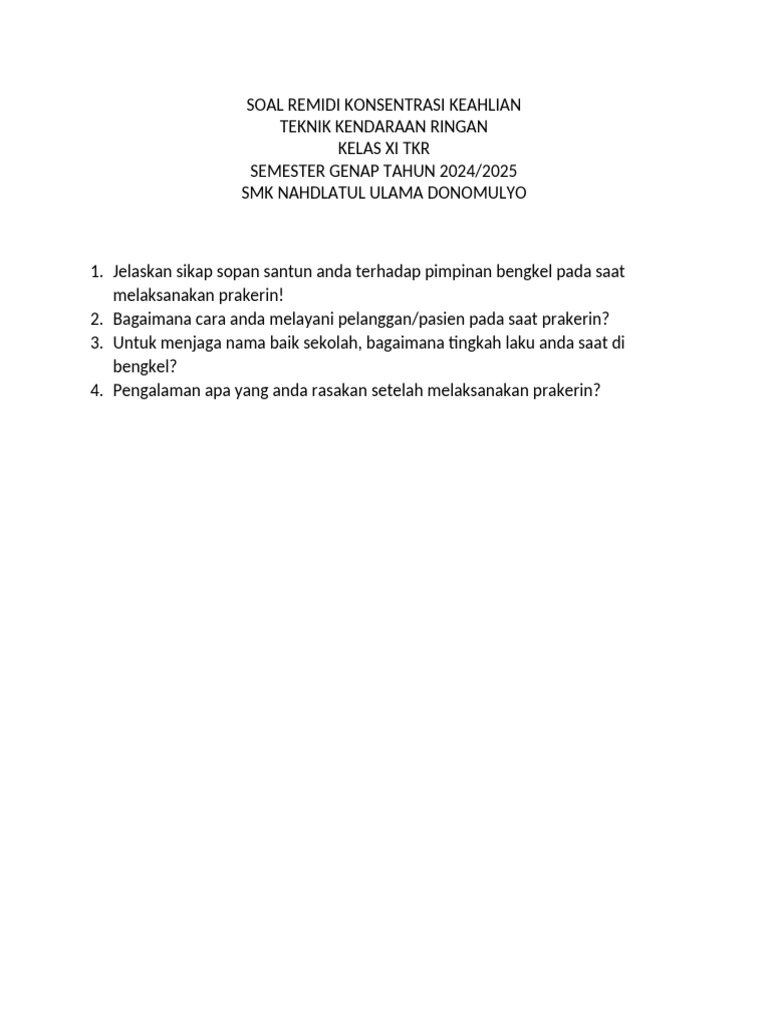 Soal Remidi Prakerin TKR Kelas XI | PDF