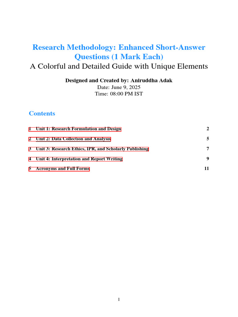 Research Methodology: Enhanced Short-Answer Questions (1 Mark Each ...