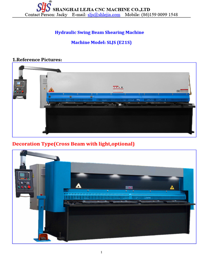 SLJS-4x2500 Hydraulic Swing Beam Shearing Machine E21S | PDF | Sheet ...