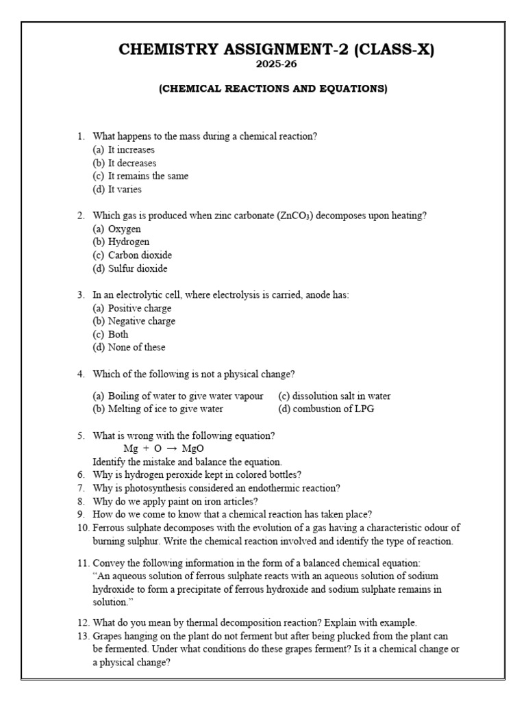 Chemistry Assignment-2 (Class-X) | PDF