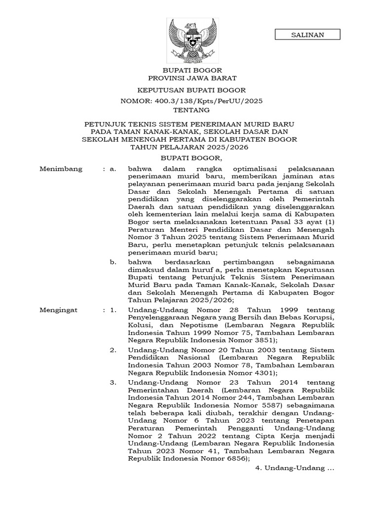 SK 138 Tentang Juknis SPMB | PDF