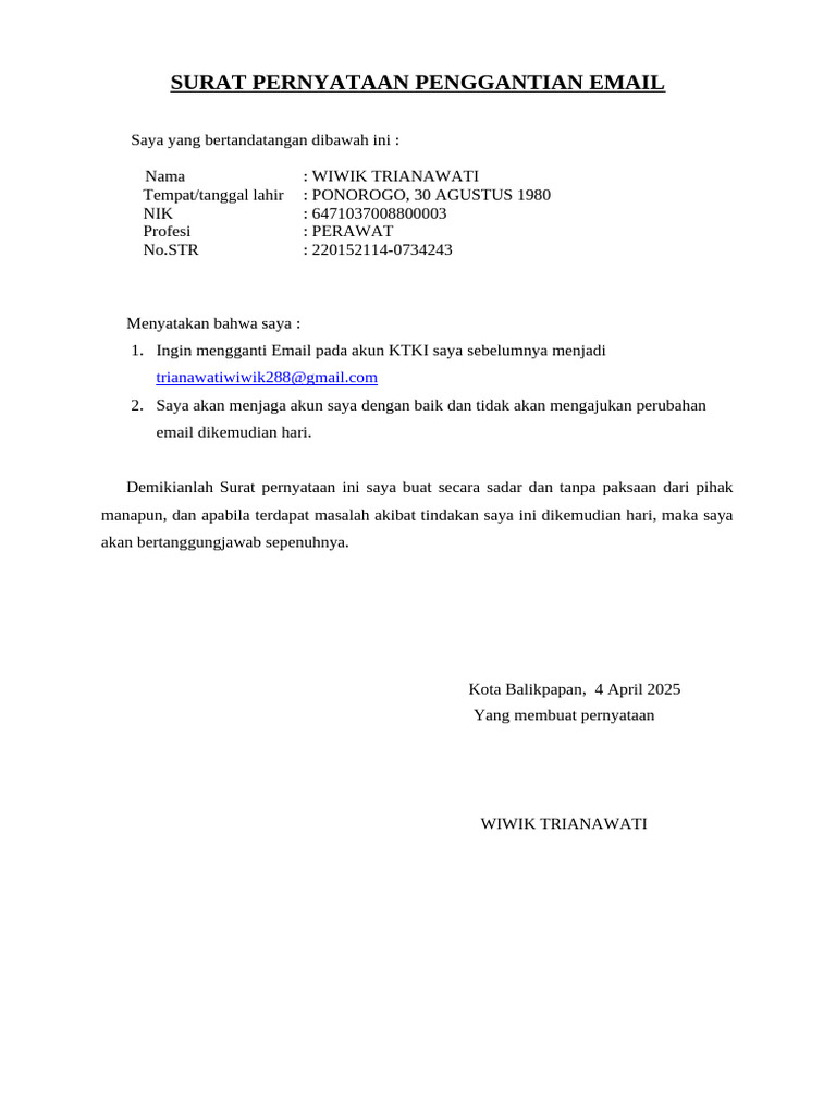 Surat Pernyataan Pergantian Email Wiwik Trianawati | PDF