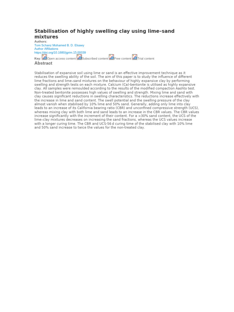 Stabilisation of Highly Swelling Clay Using Lime | PDF