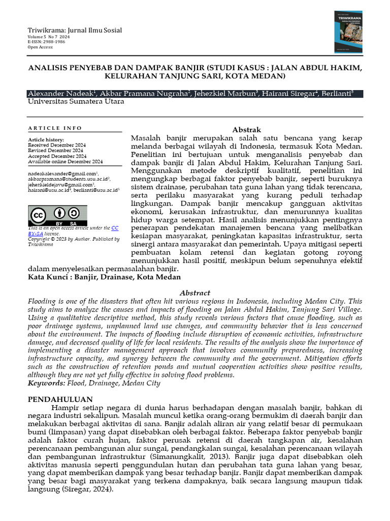 Analisis Penyebab Dan Dampak Banjir (Studi Kasus Jalan Abdul Hakim, Kelurahan Tanjung Sari, Kota ...
