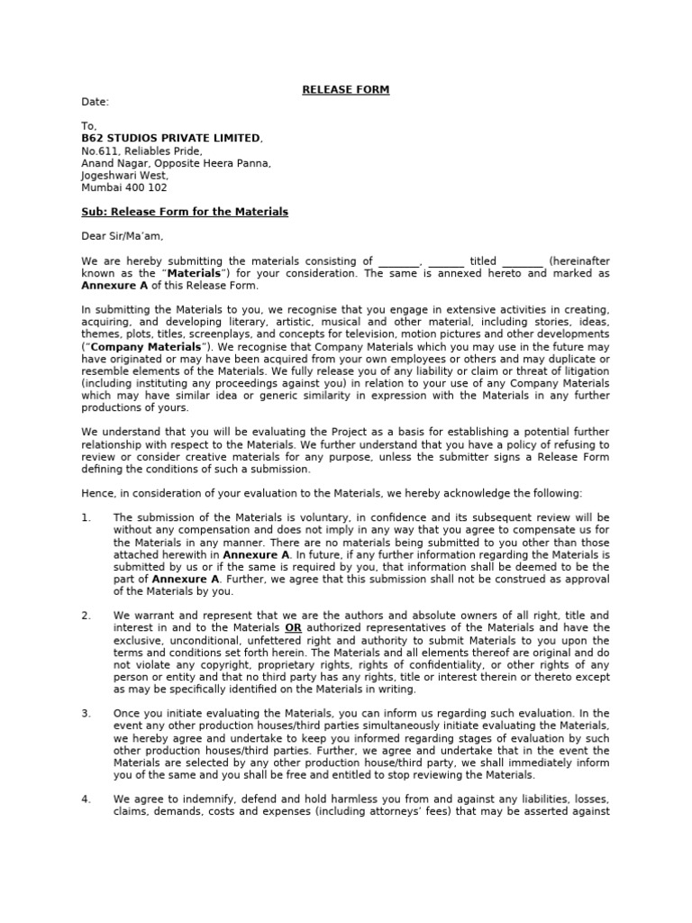 B62 Standard Release Form (DSK31012023) | PDF | Indemnity | Justice