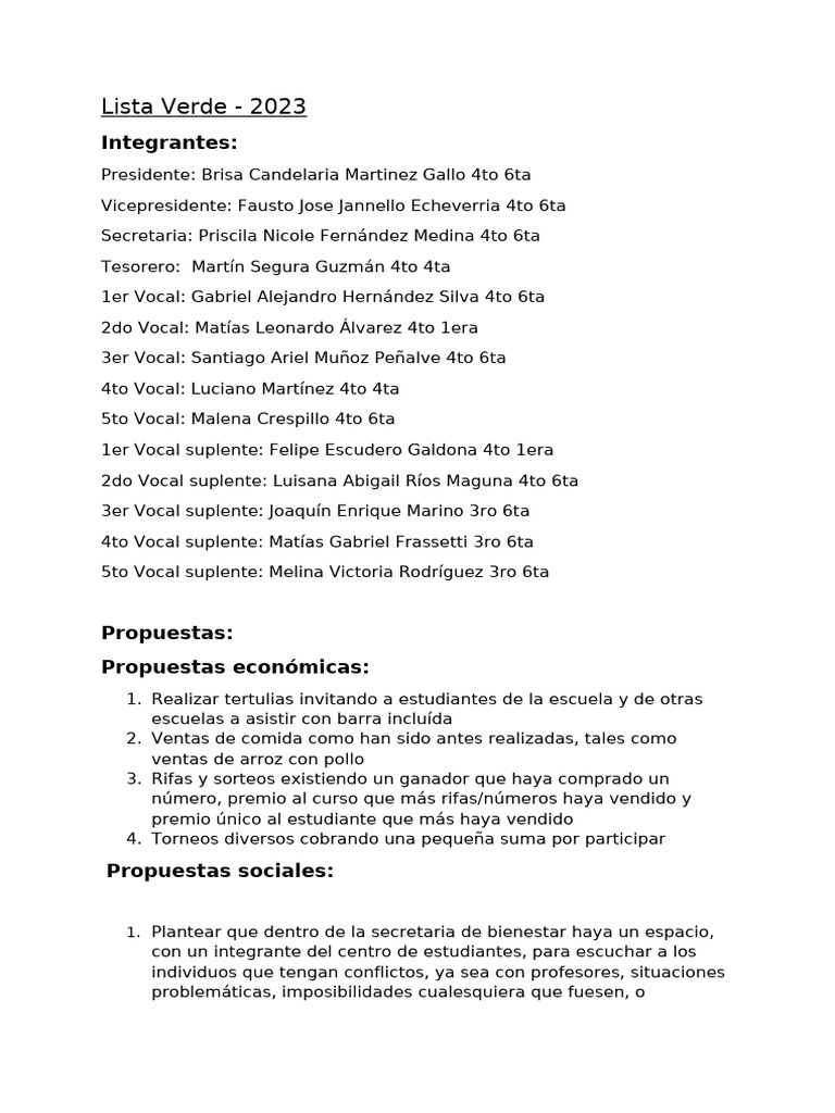 Integrantes y Propuestas Lista Verde 2023 | PDF | Escuelas