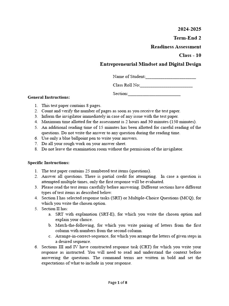 EMDD SOSE 10 Readiness QP | PDF | Multiple Choice