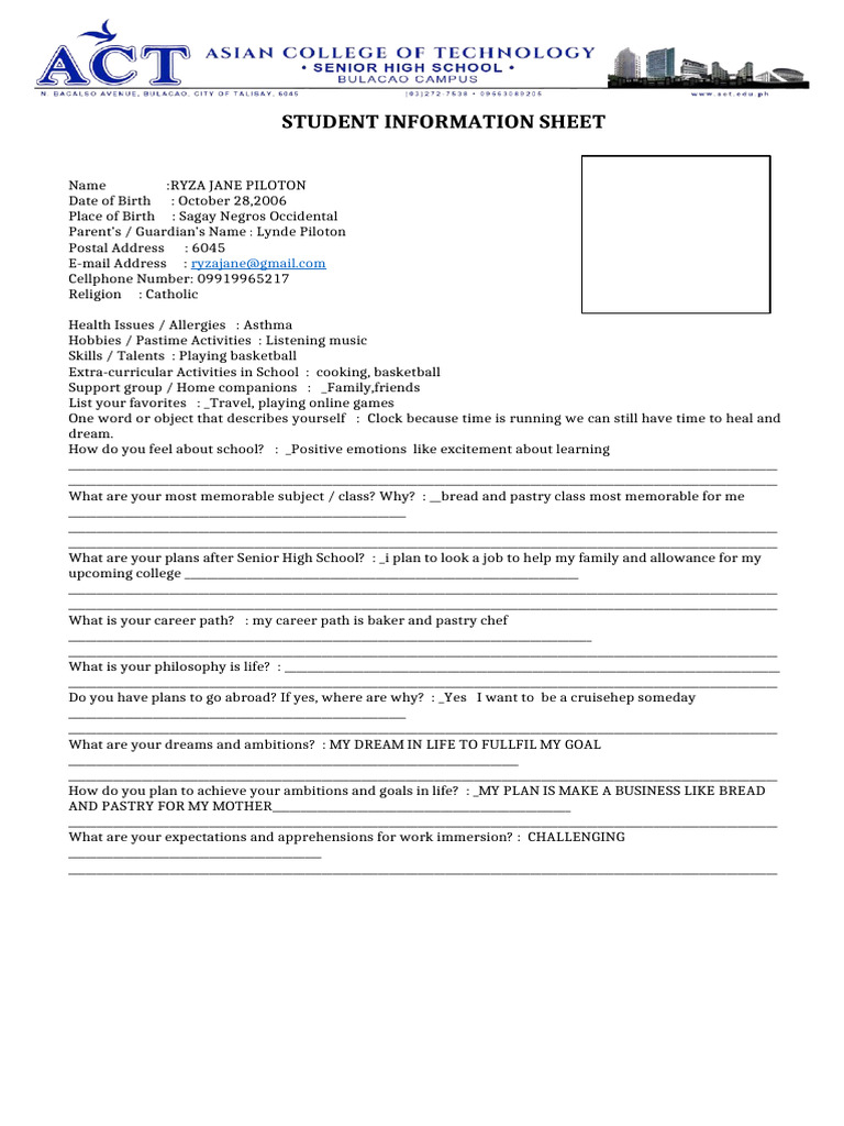 Student Information Sheet: Ryza Jane Piloton | PDF