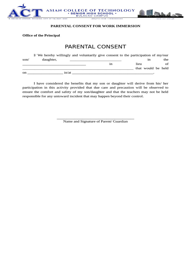 Parental Consent Work Immersion | PDF